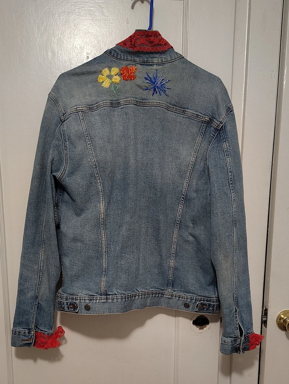 Old Navy | Jackets & Coats | Old Navy Denim Jacket With Red Lace Trim ...